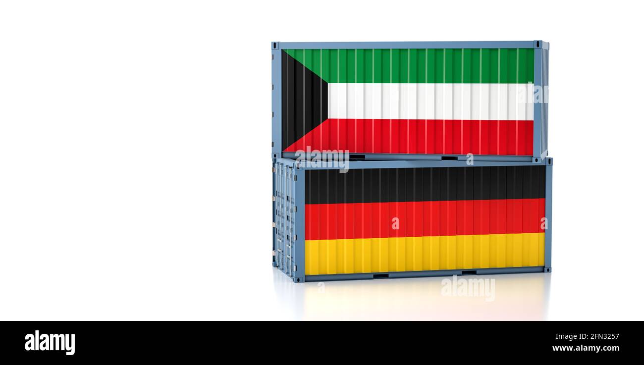 Two freight container with Kuwait and German national flags. Copy space ...