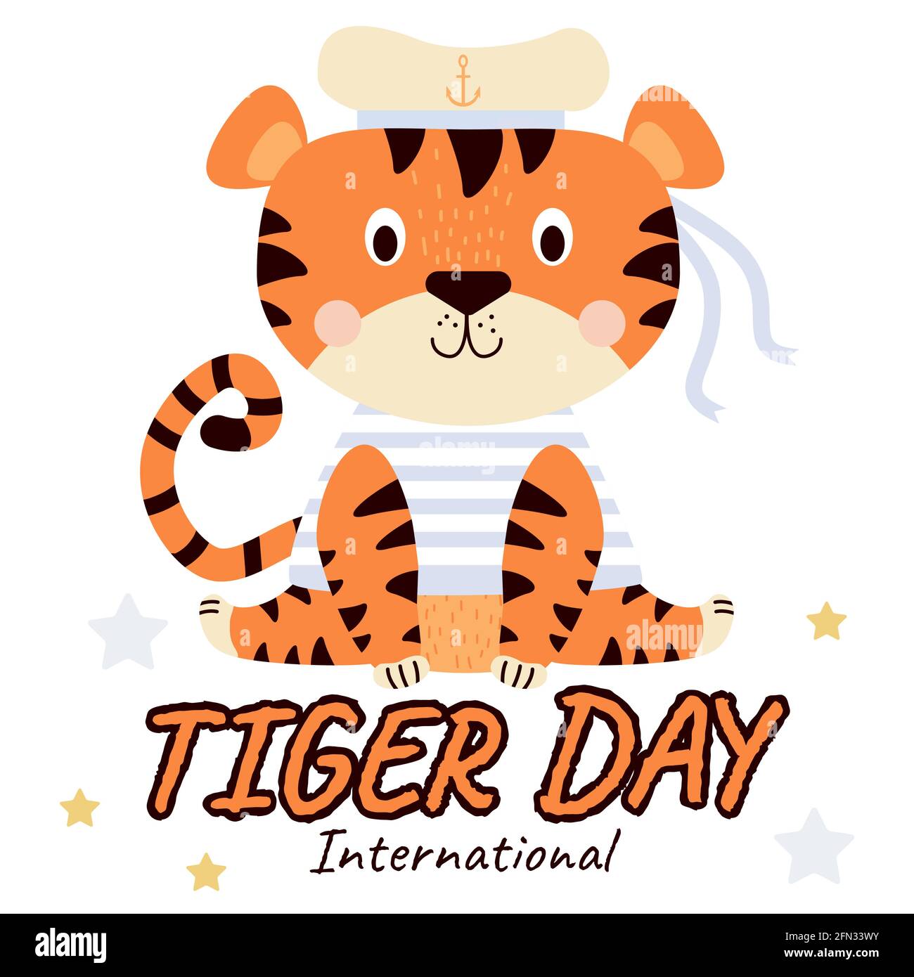 International Tiger Day. Cute seated tiger in marine clothing - marine ...