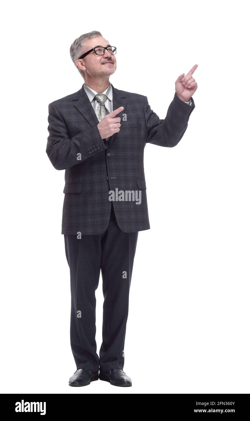 smiling adult male pointing in the direction. isolated on a white Stock ...