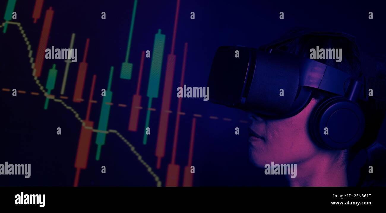 Businesswoman with VR headset in Virtual stock market. Finger touching ...