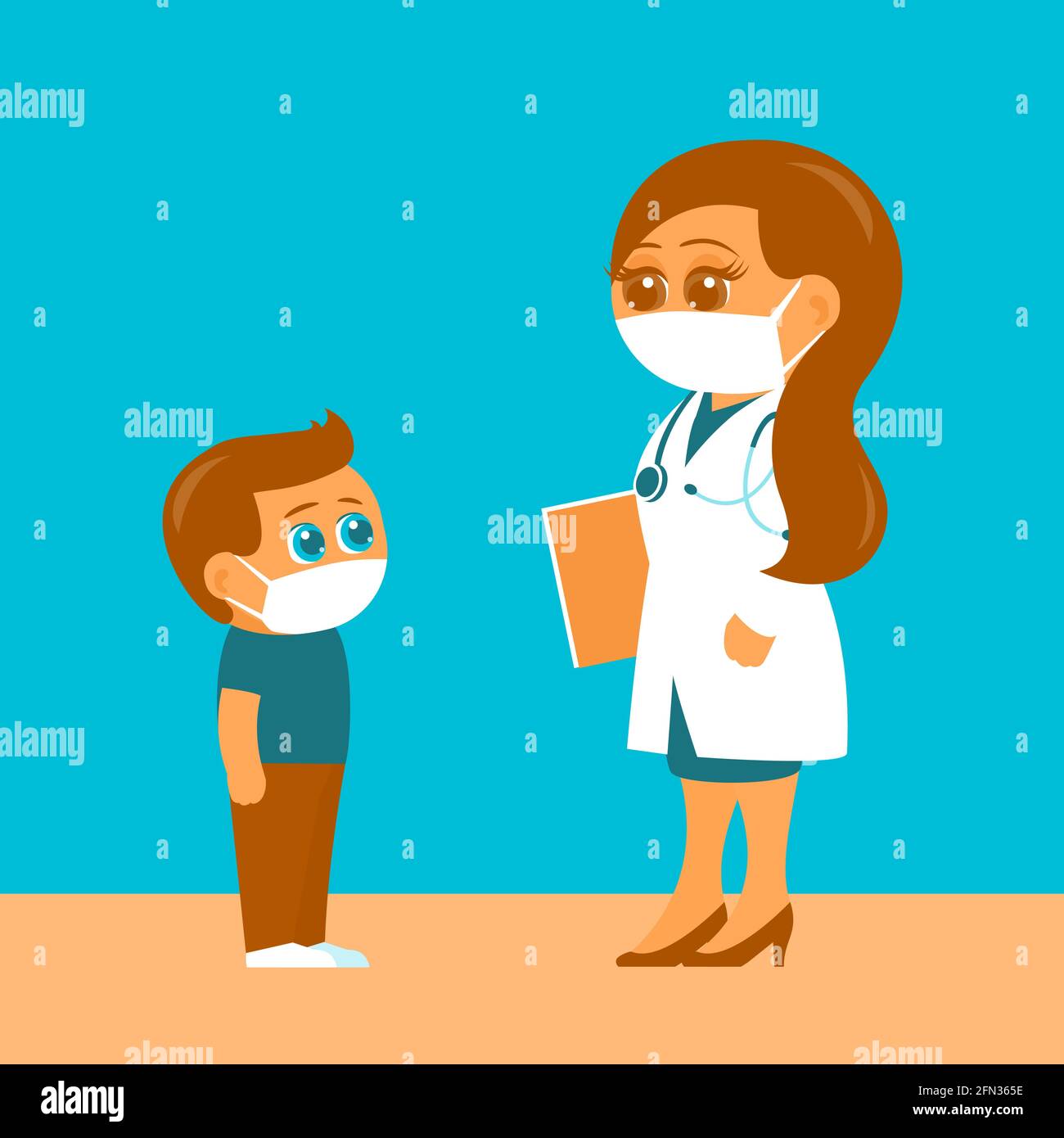 Doctor woman with stethoscope and boy. Both are wearing medical masks ...