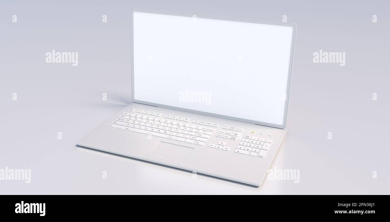 Laptop advertising concept. Computer open with blank screen white ...