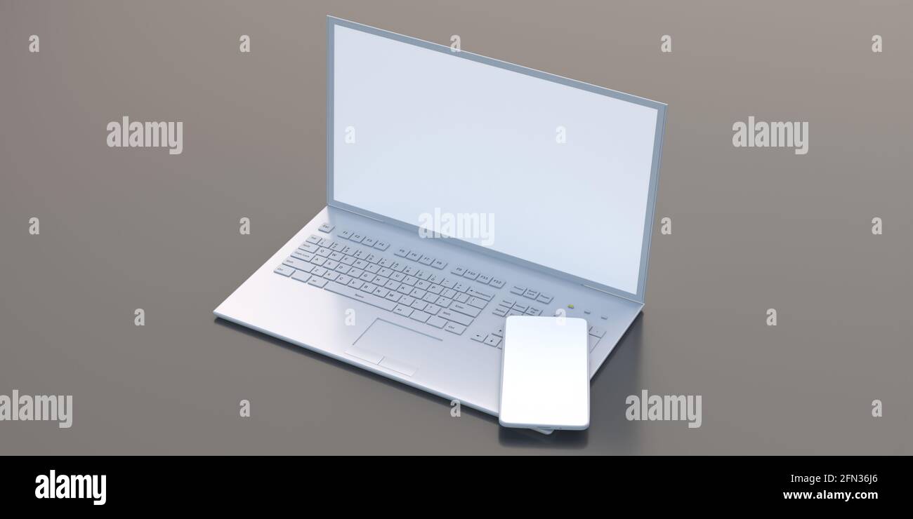 Blank screen mobile phone on a white computer laptop with empty screen ...
