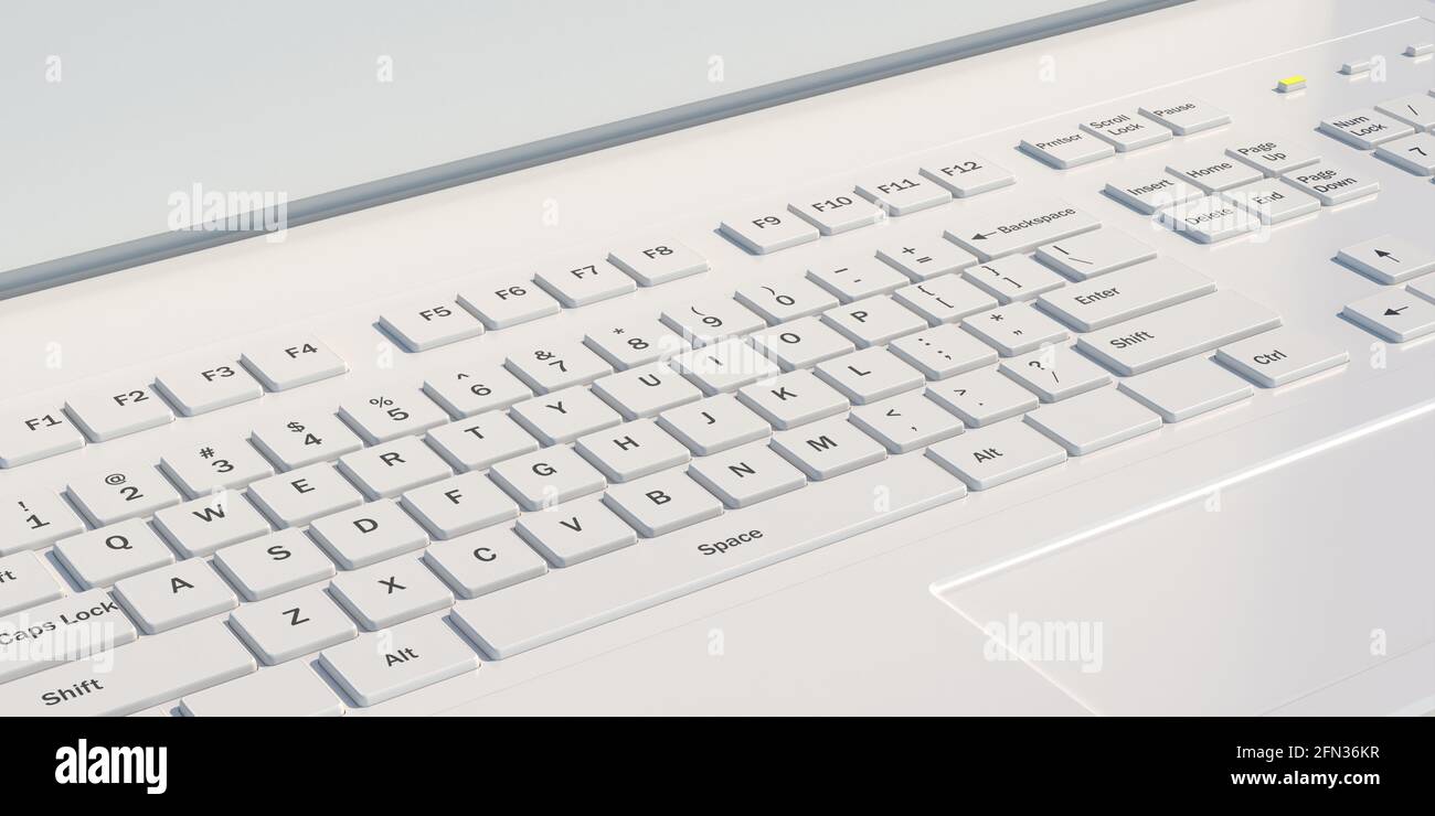Computer keyboard. White color laptop keypad closeup above view ...