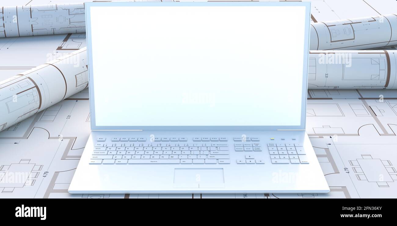 Architect engineer office desk. Blank screen computer laptop open and ...