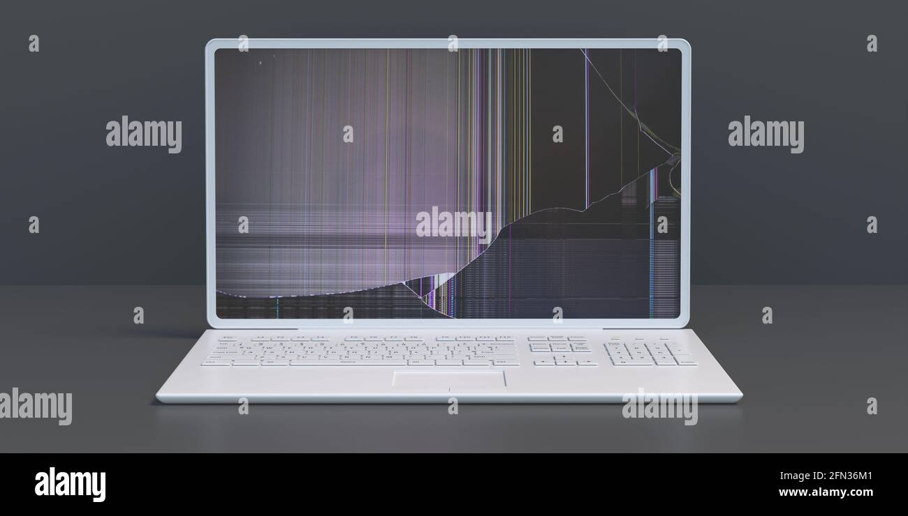 Computer repair service concept. White laptop open with broken crashed ...