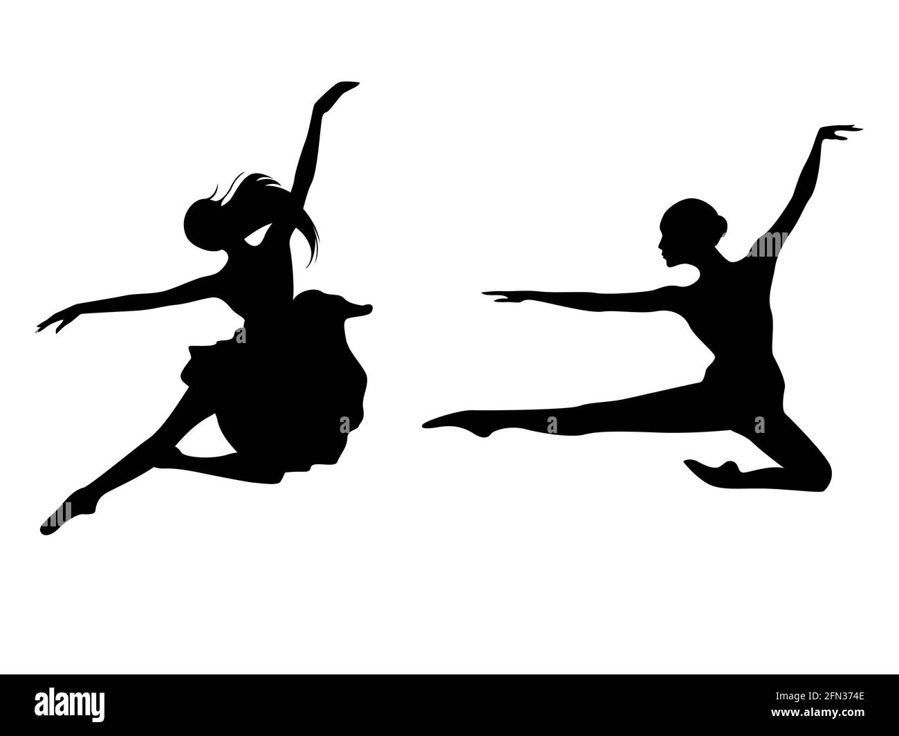 Abstract black stencil silhouettes of slender ladies dancer in jump ...