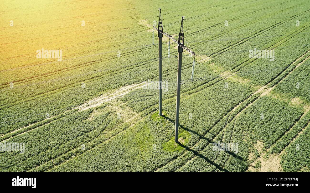 Electrical power line above drone view on green sunny meadow background ...