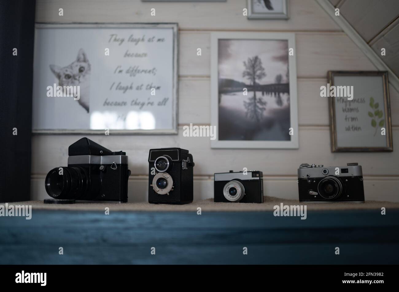 Retro vintage cameras on shelf Stock Photo - Alamy