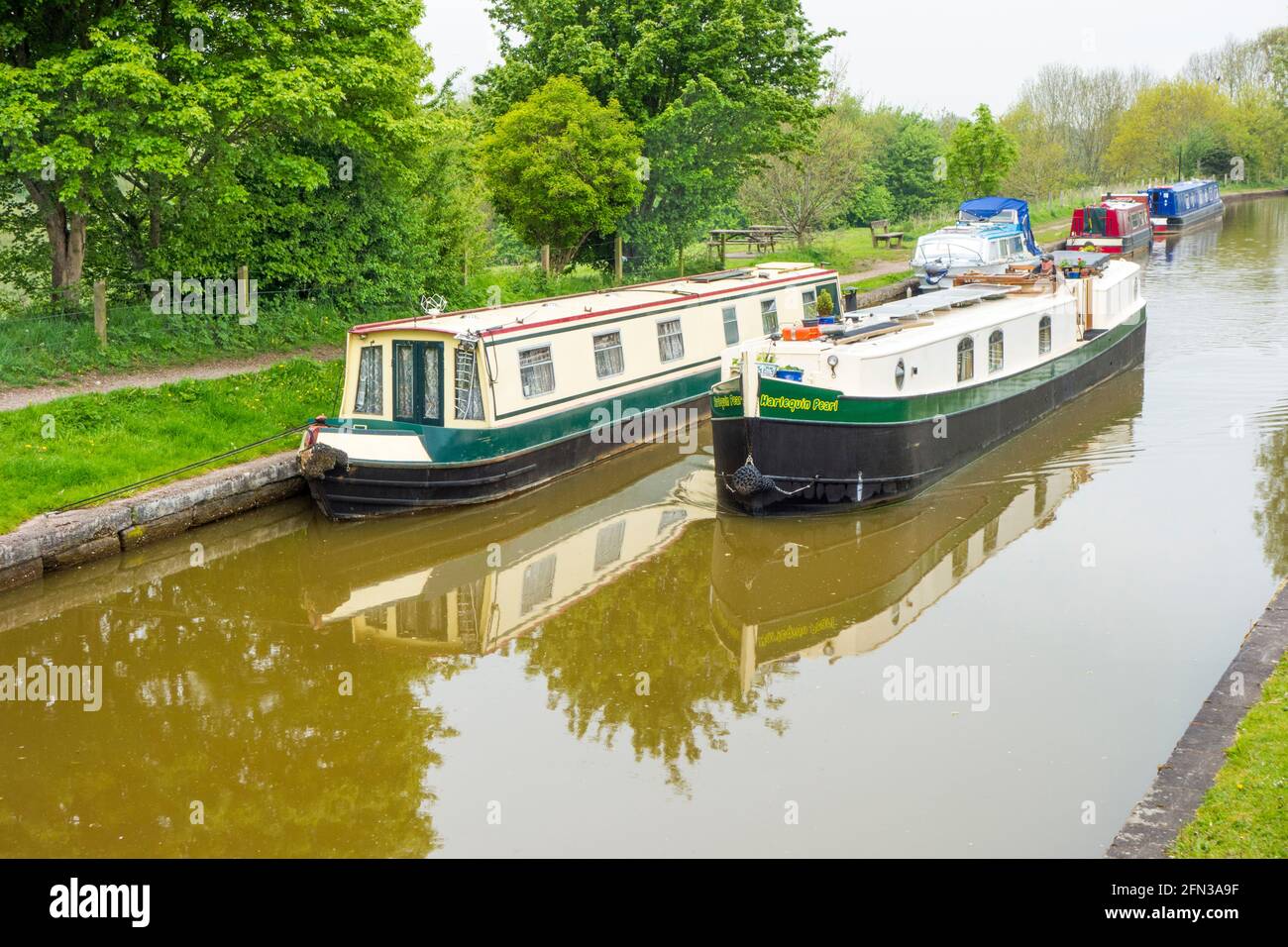 Canal narrowboats moored on the Trent and Mersey canal at Rode Heath in ...