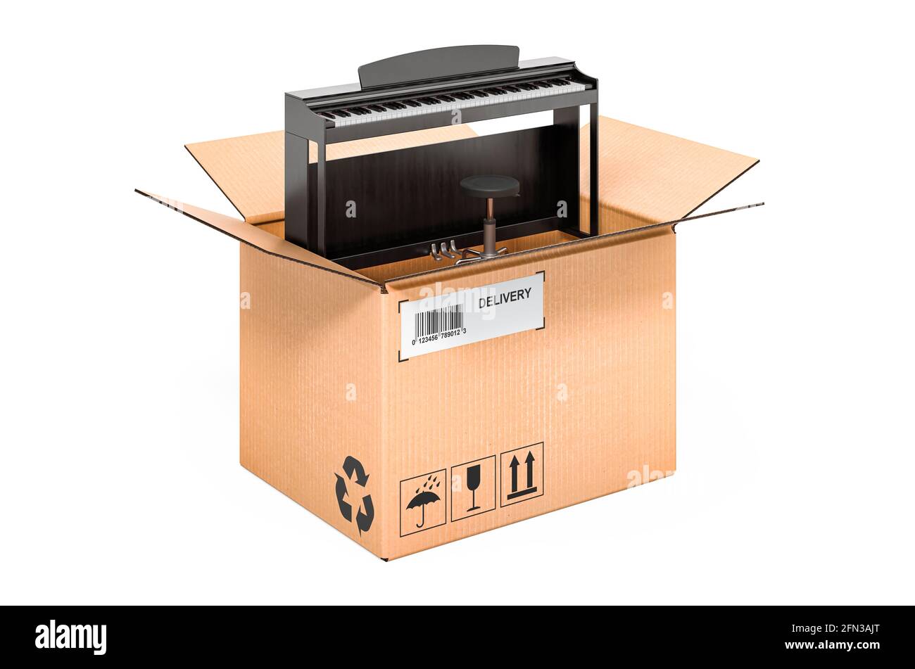 Digital piano inside cardboard box, delivery concept. 3D rendering ...