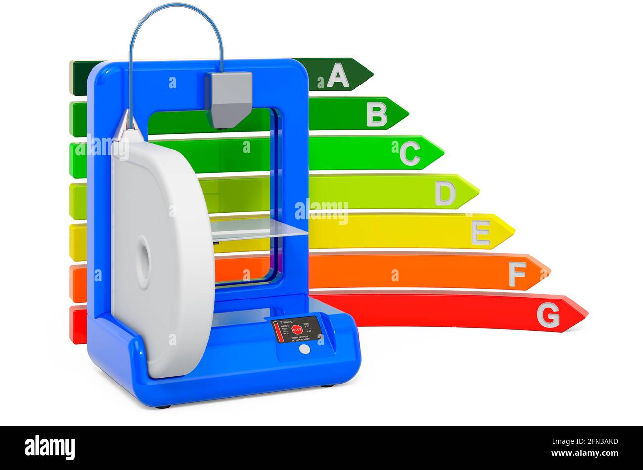 3D printer with energy efficiency chart, 3D rendering isolated on white ...