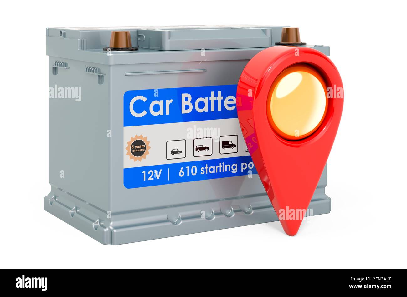 Map pointer with car battery, 3D rendering isolated on white background ...