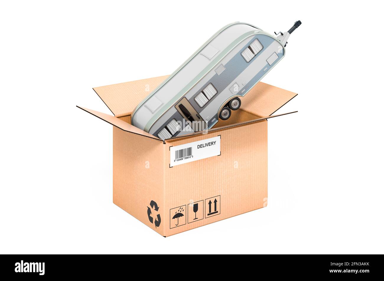 Camper trailer inside cardboard box, delivery concept. 3D rendering ...