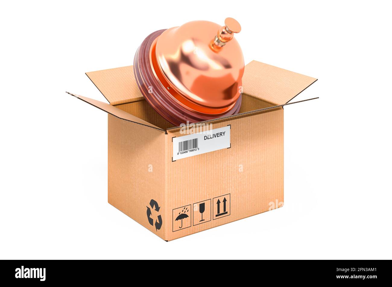 Reception bell inside cardboard box, delivery concept. 3D rendering ...