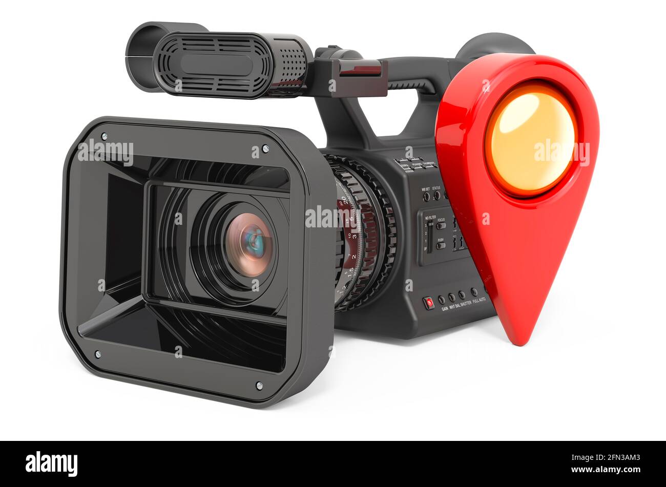 Professional video camera with map pointer, 3D rendering isolated on ...