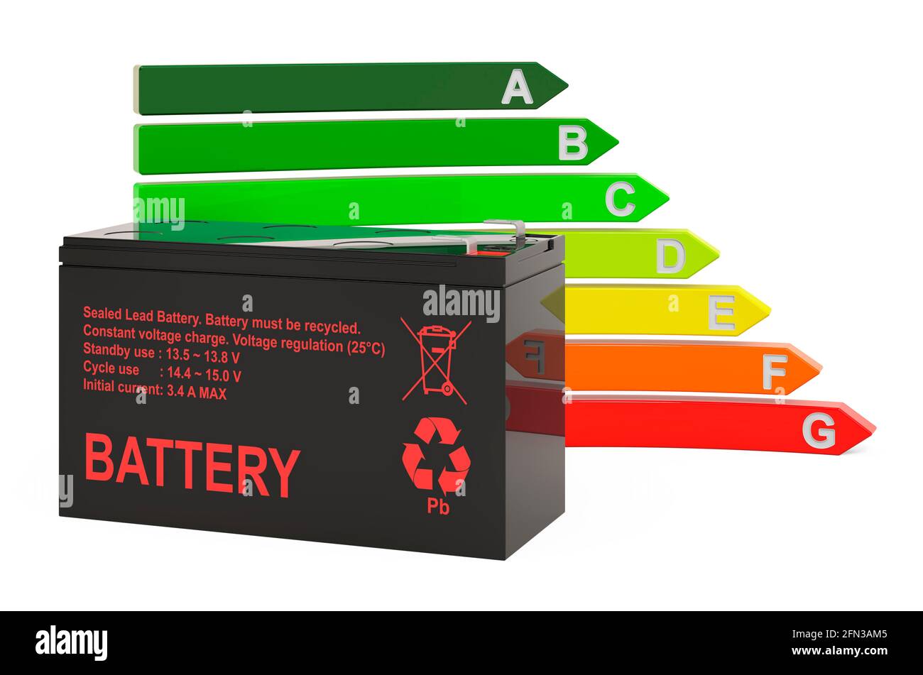 Sealed UPS battery with energy efficiency chart, 3D rendering isolated ...