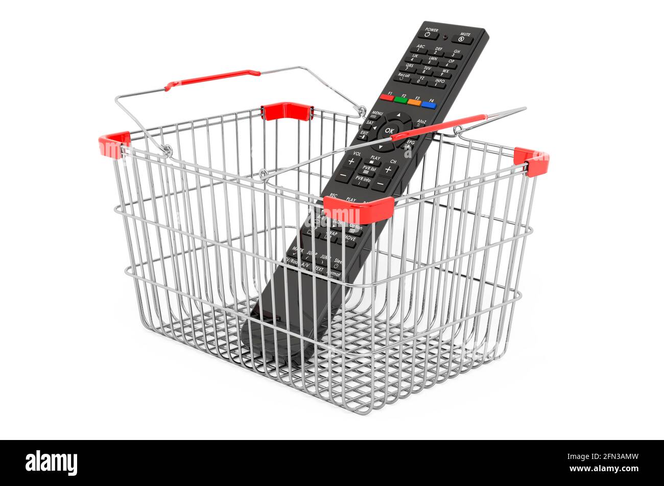 Shopping basket with TV remote control, 3D rendering isolated on white ...
