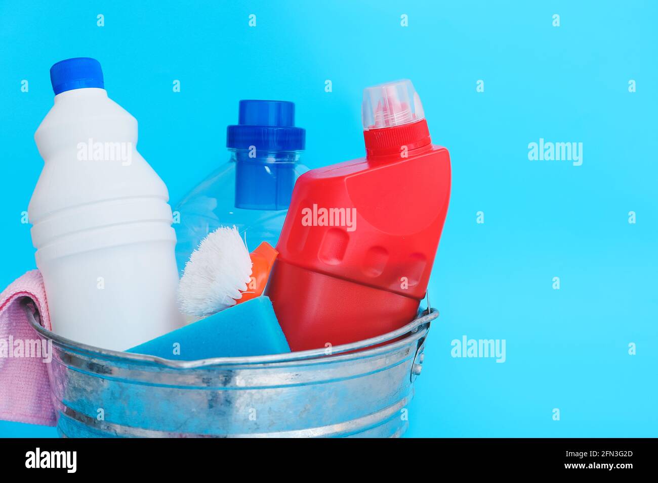 Set of cleaning supplies on color background, closeup Stock Photo - Alamy