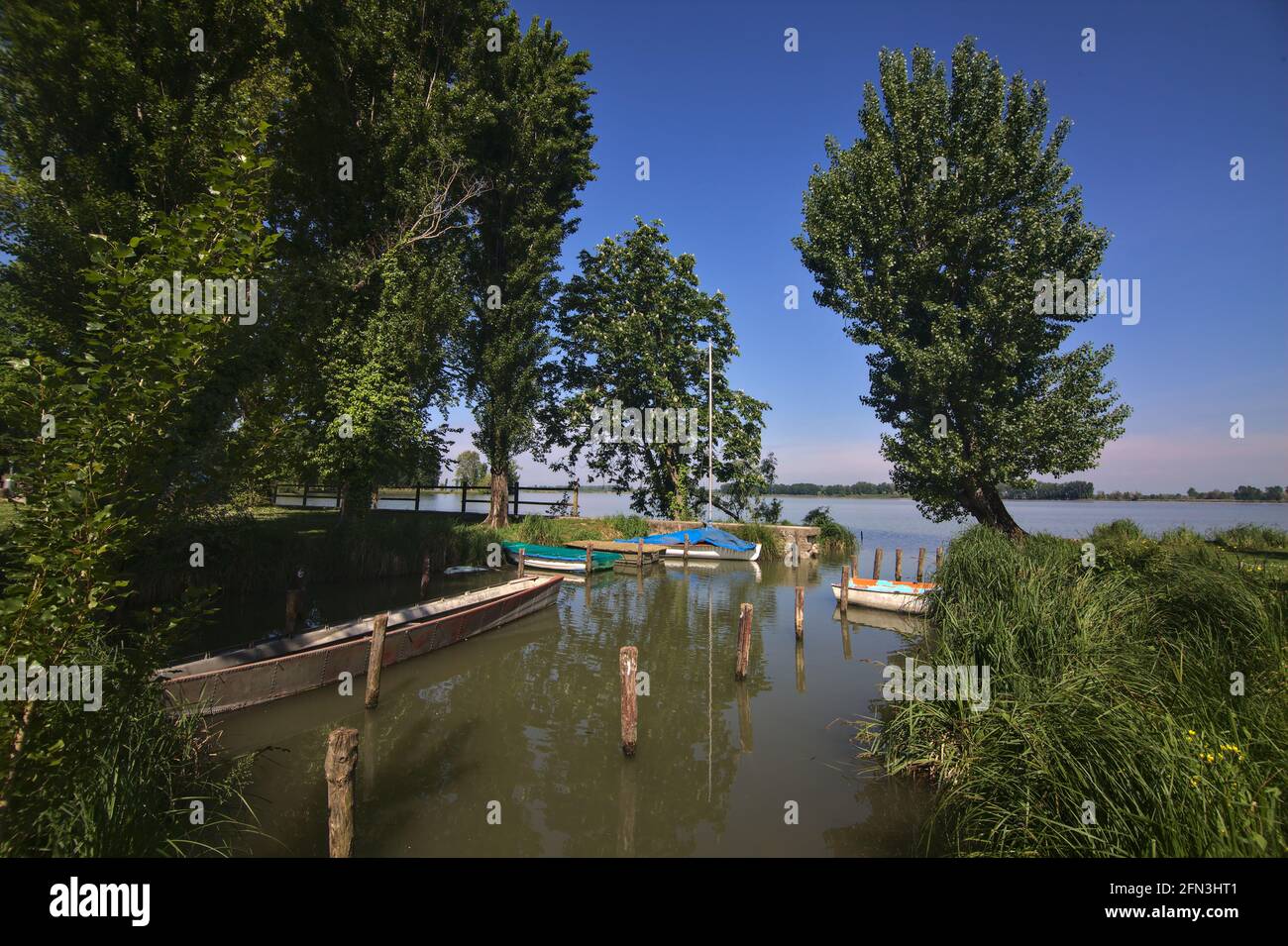 Mooring in an inlet of a river with docked boats Stock Photo - Alamy
