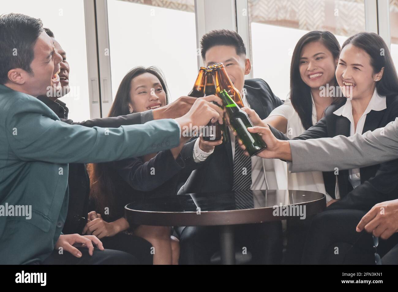 Group people drinking toasting happy time with friends teamwork Stock ...