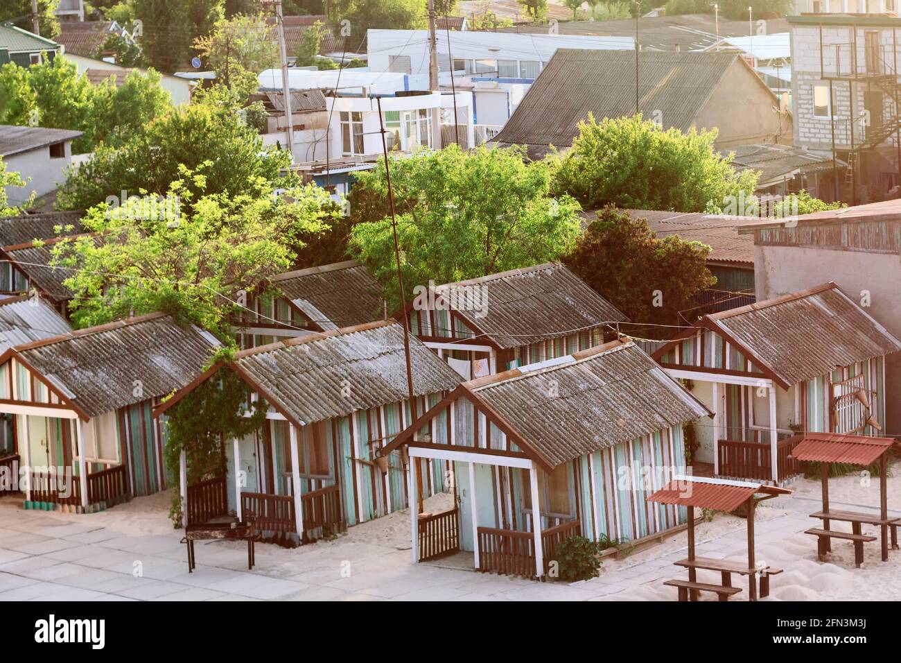 Old tourist resort with wooden houses in Ukraine at Black Sea coast ...