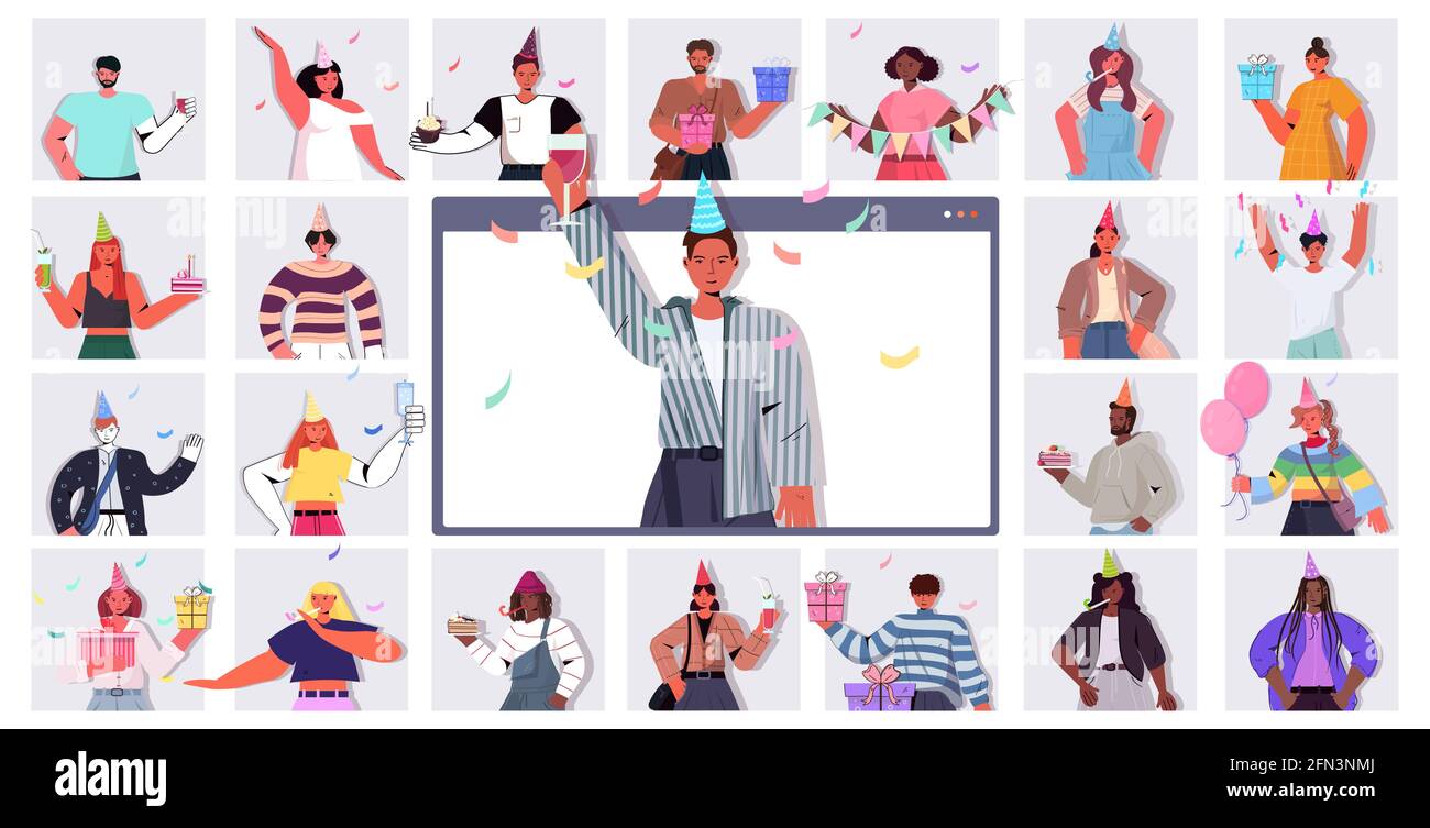 people in festive hats celebrating online birthday party mix race men ...