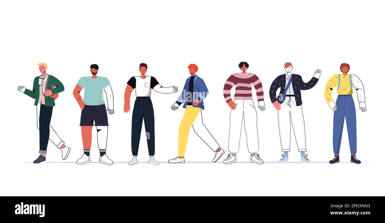 set mix race men in casual trendy clothes male cartoon characters ...