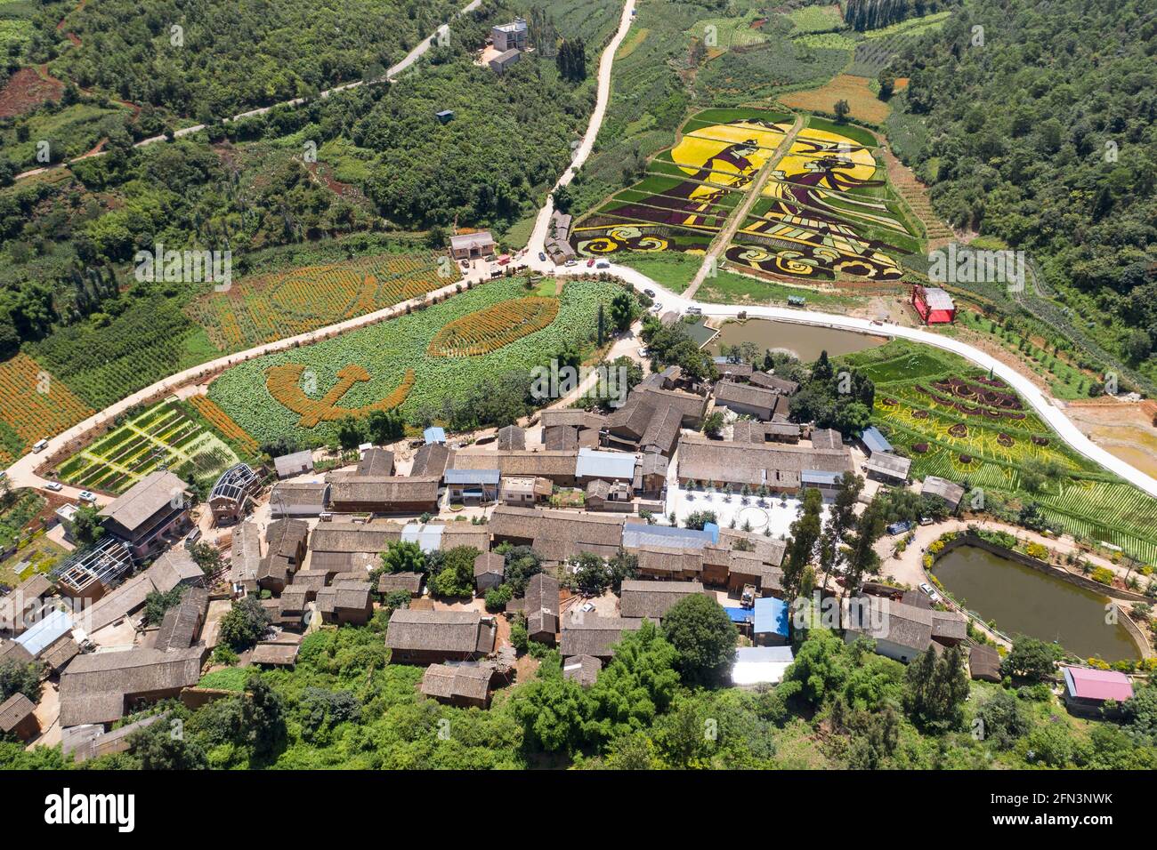 Aerial view of colored rice fields in Yiliang county, Yunnan - China ...