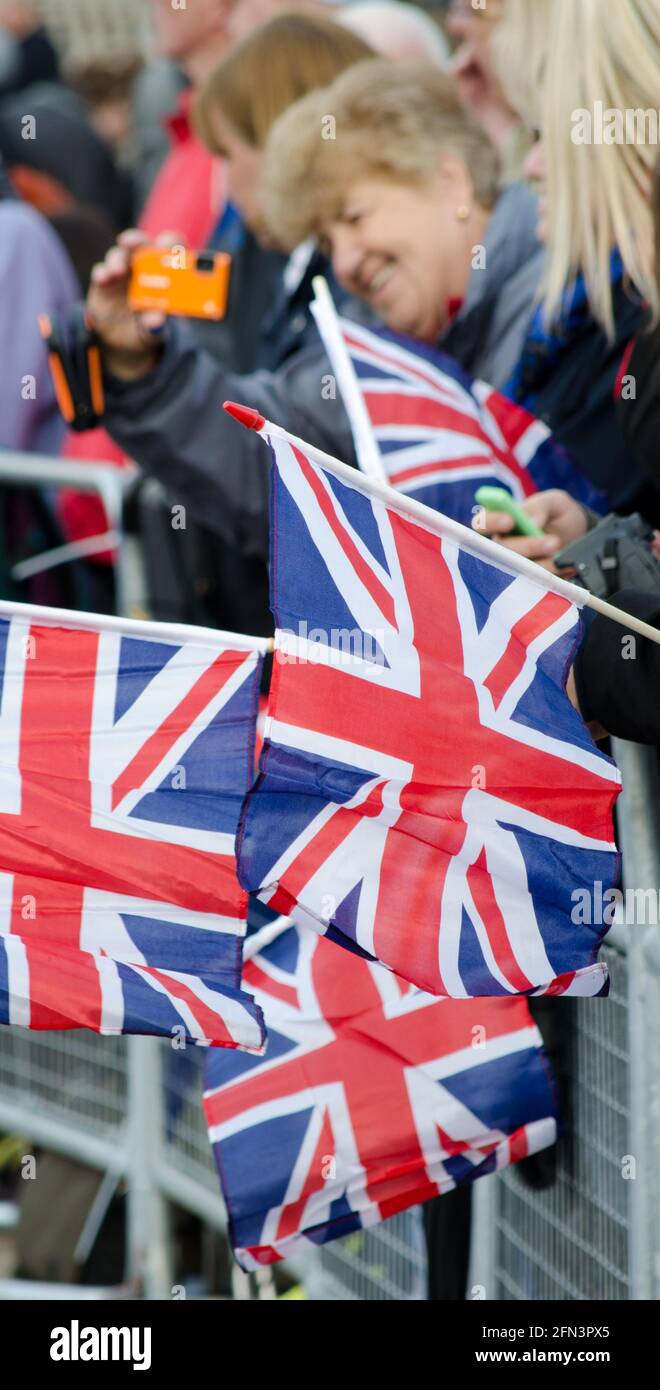 Crowd Waving Union Jack Flags Outside Buckingham Palace Trooping The ...