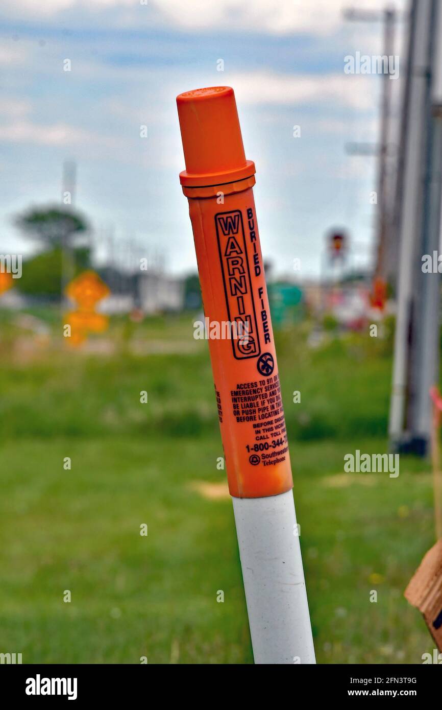 Emporia Kansas, USA, May 12, 2021 Underground fiber optic cable warning ...