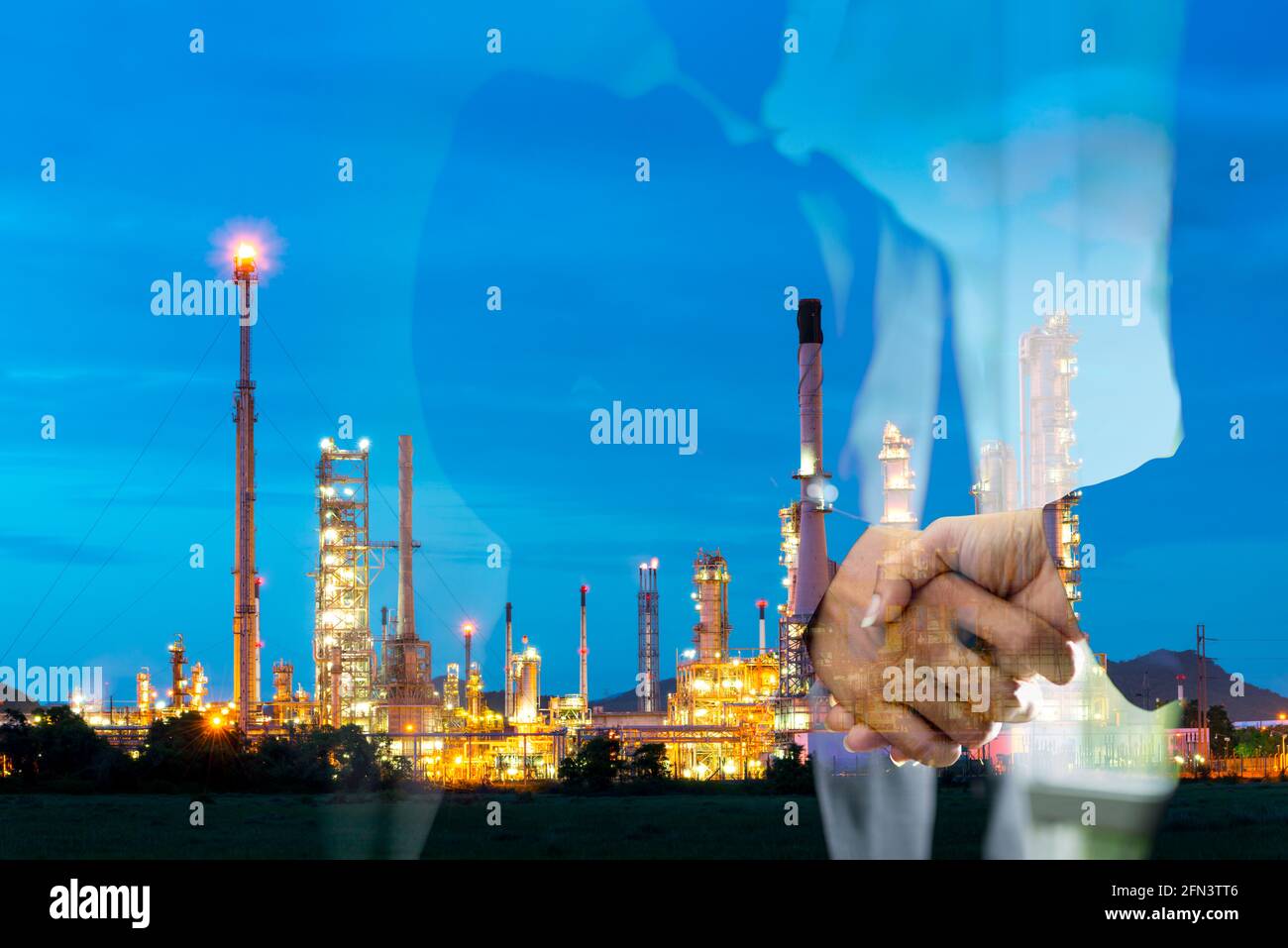 Double exposure man survey oil refiery plant, and chemical plant in ...