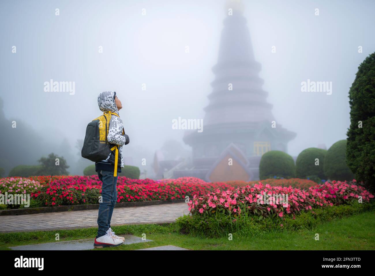Young traveler boy with bag in beautiful fog garden Stock Photo - Alamy