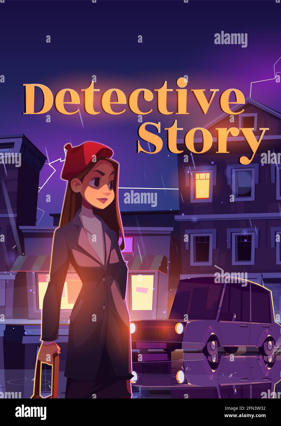Detective story cartoon poster, young woman on night rainy street in ...