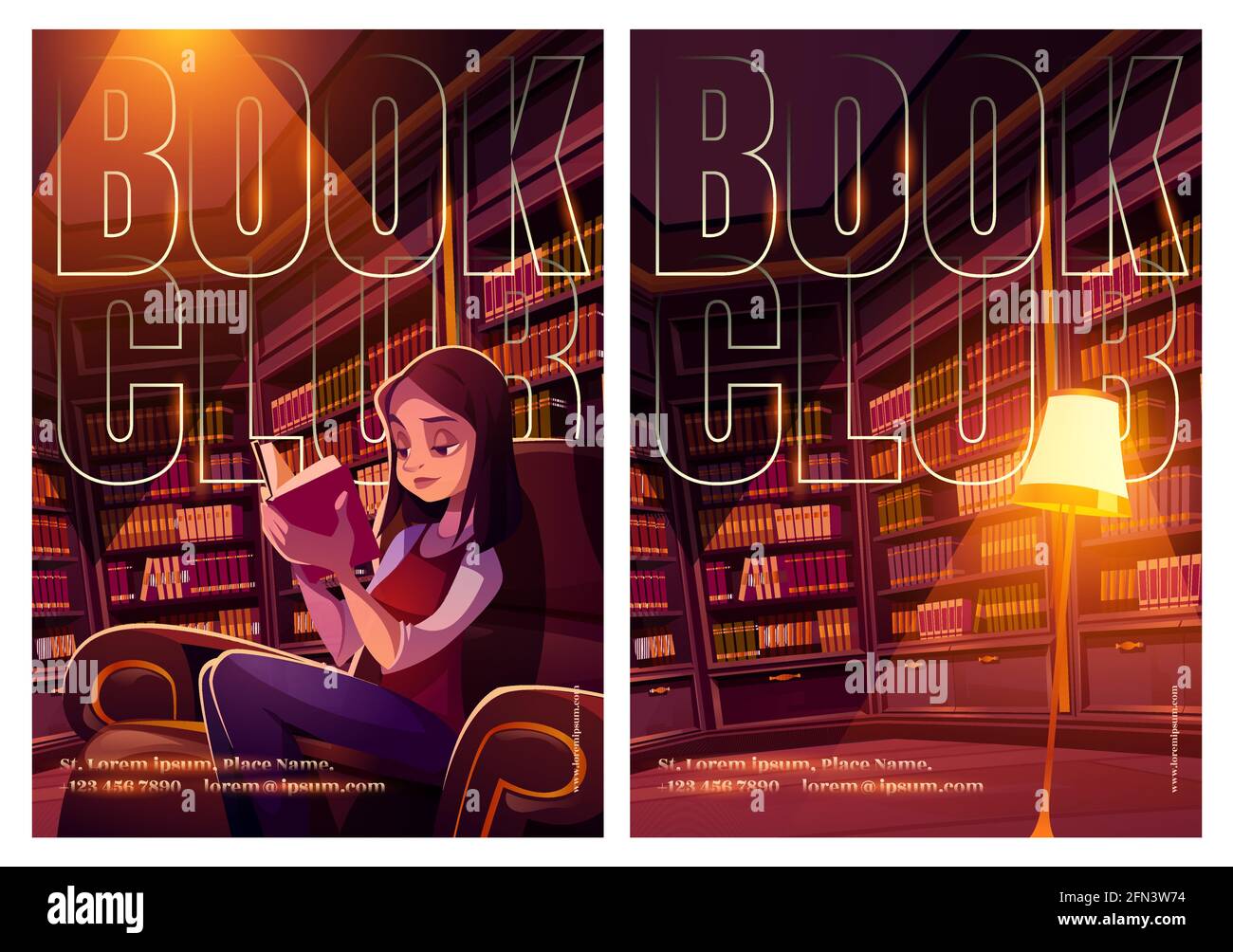 Book club posters with library interior and girl reads in chair. Group ...