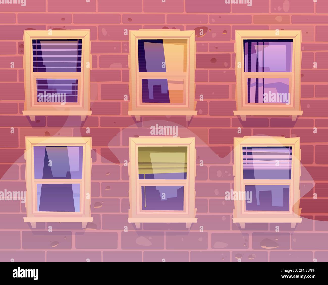 House facade windows, front view multistorey building exterior of red ...