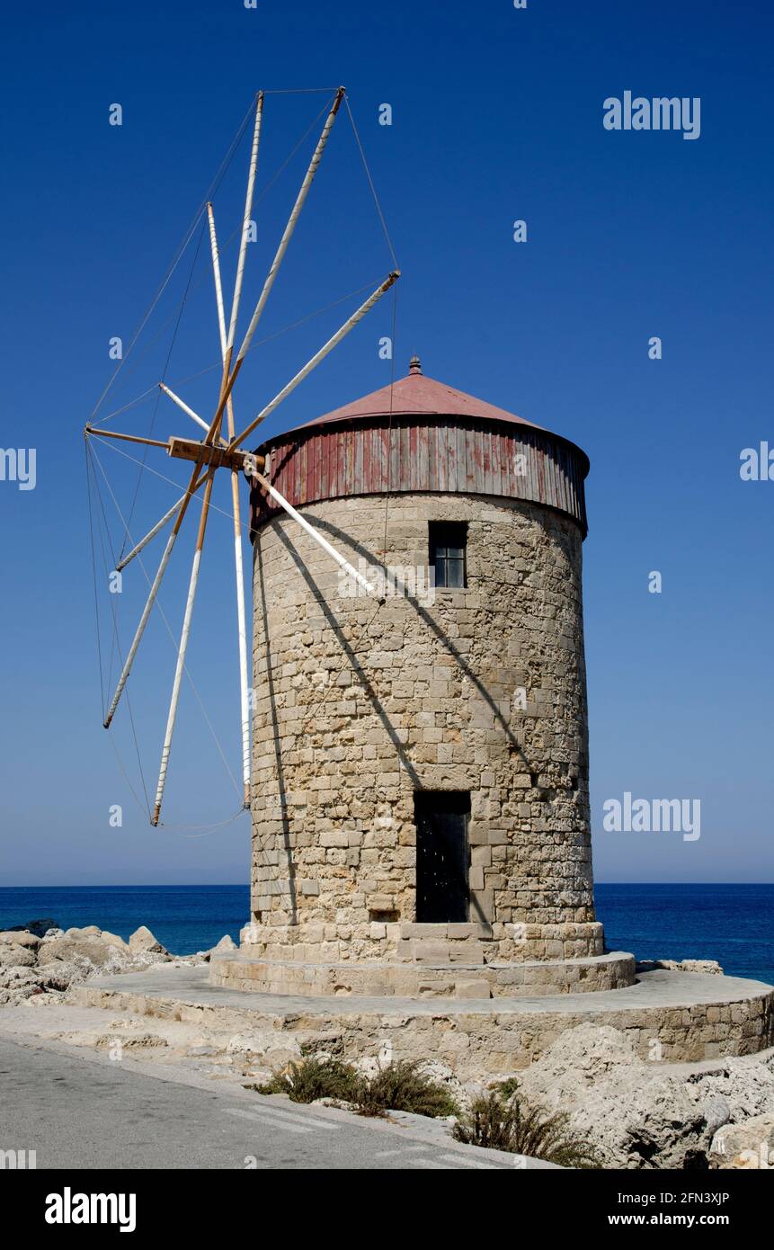Windmills Harbour Rhodes Stock Photo - Alamy