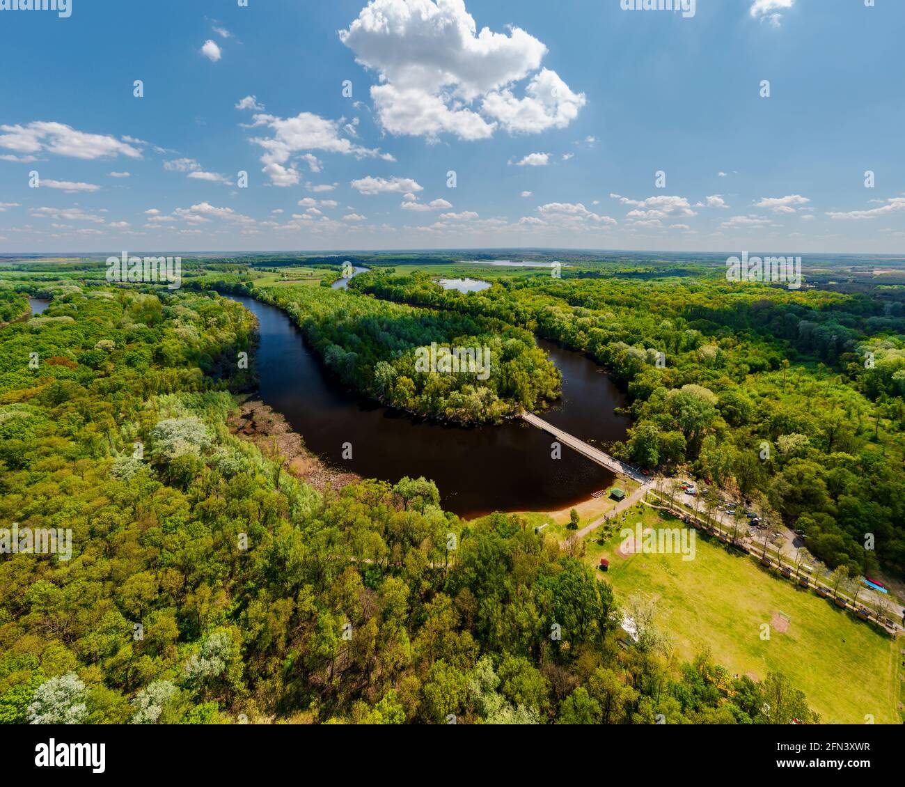 Backwater of Tisza river in Hungary. Amazing aerial panoramic photo ...
