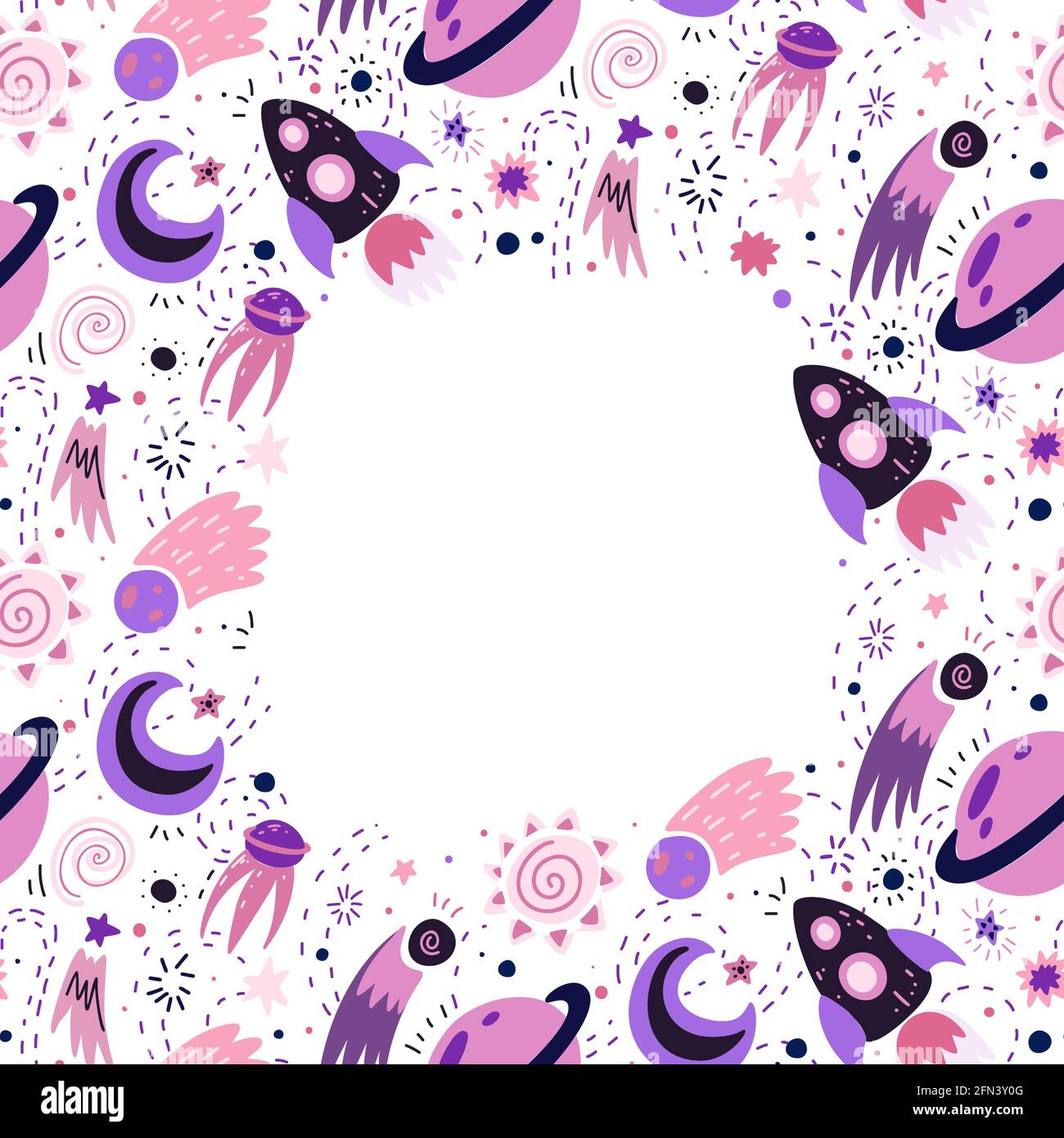 Square card with childish cosmos pattern with stars, comet, sun and ...