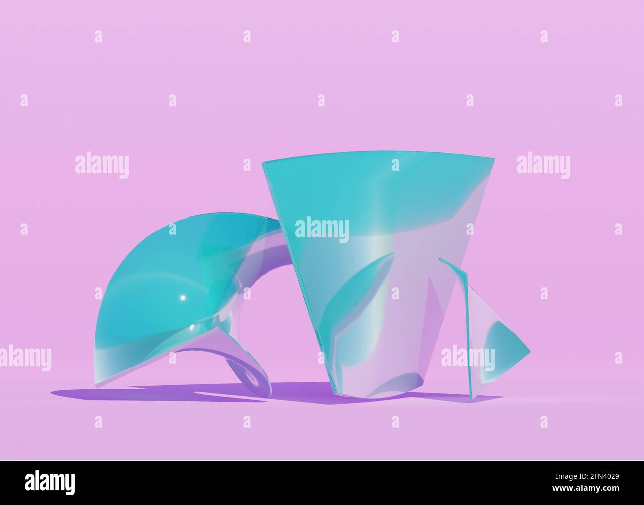 Abstract transparent 3d render of glass objects in pink studio. Blue ...
