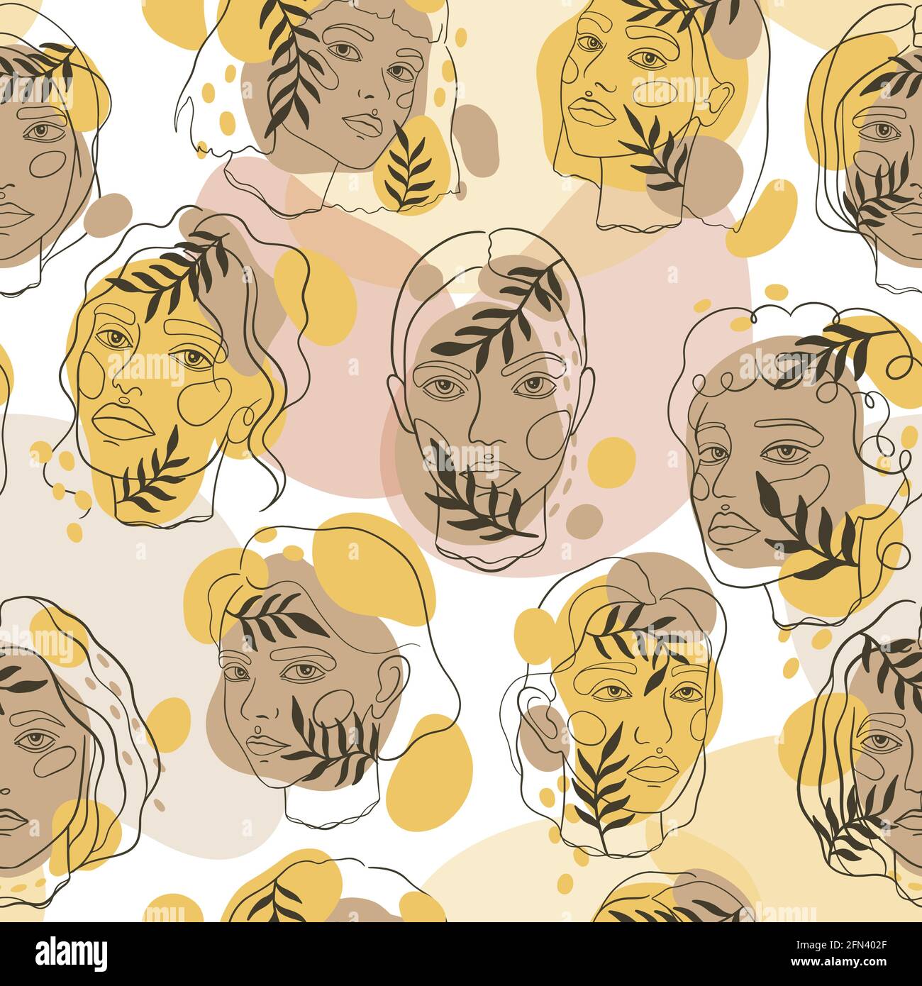 Modern seamless pattern women face line art.Fashion portrait hand drawn ...