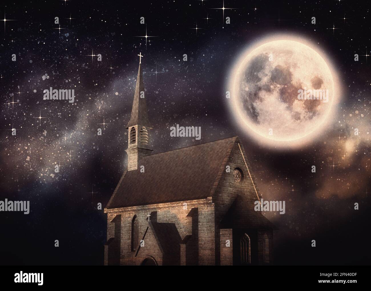 Ancient 3d catholic church and full moon, 3d digital illustration ...