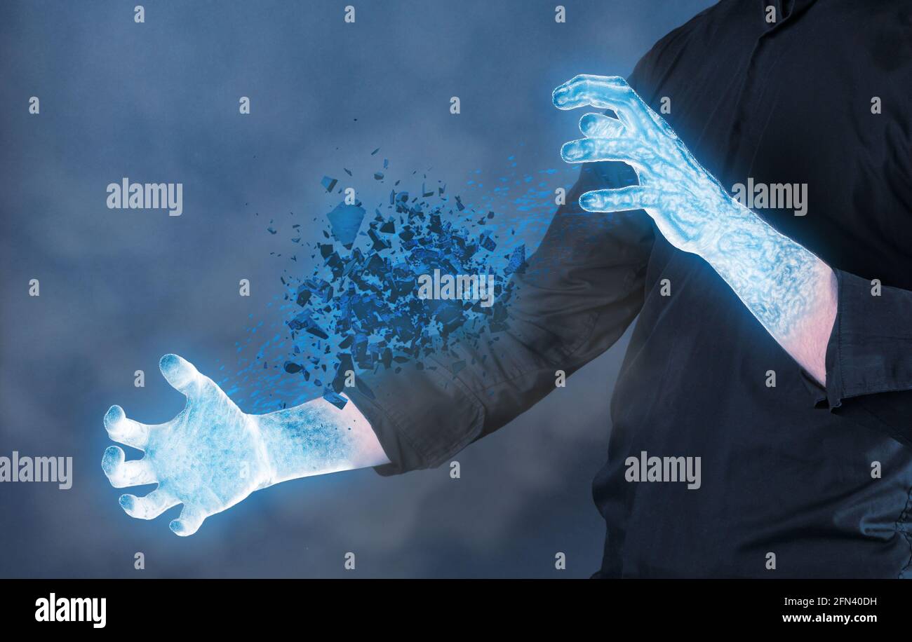 Frozen hands with cold stone shattering - Concept of power Stock Photo ...