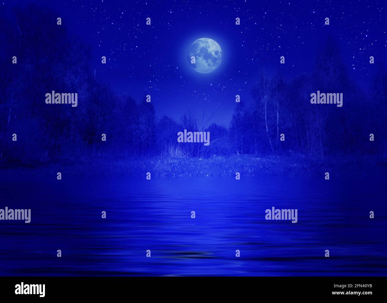 Rural landscape with river and full moon in the sky, photo manipulation ...