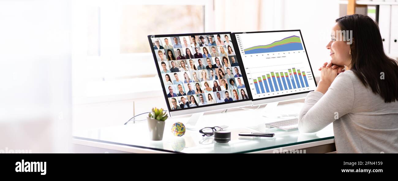 Online Video Conference Virtual Meeting On Multiple Screens Stock Photo ...