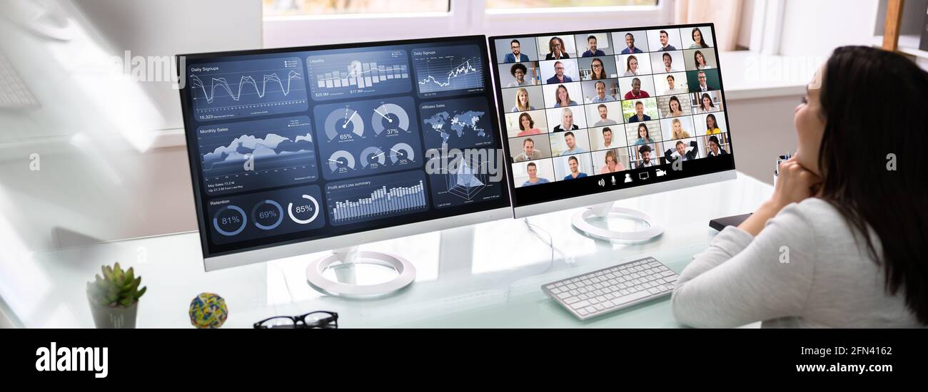 Online Video Conference Virtual Meeting On Multiple Screens Stock Photo ...