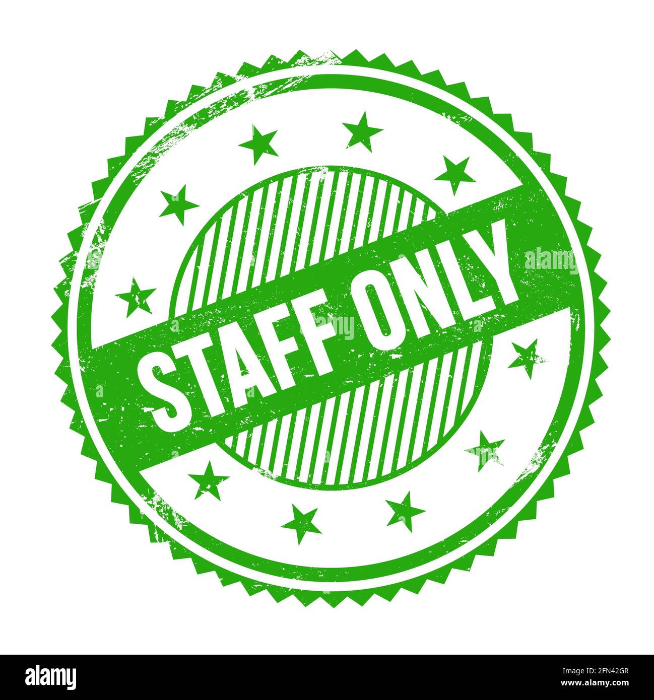 STAFF ONLY text written on green grungy zig zag borders round stamp ...