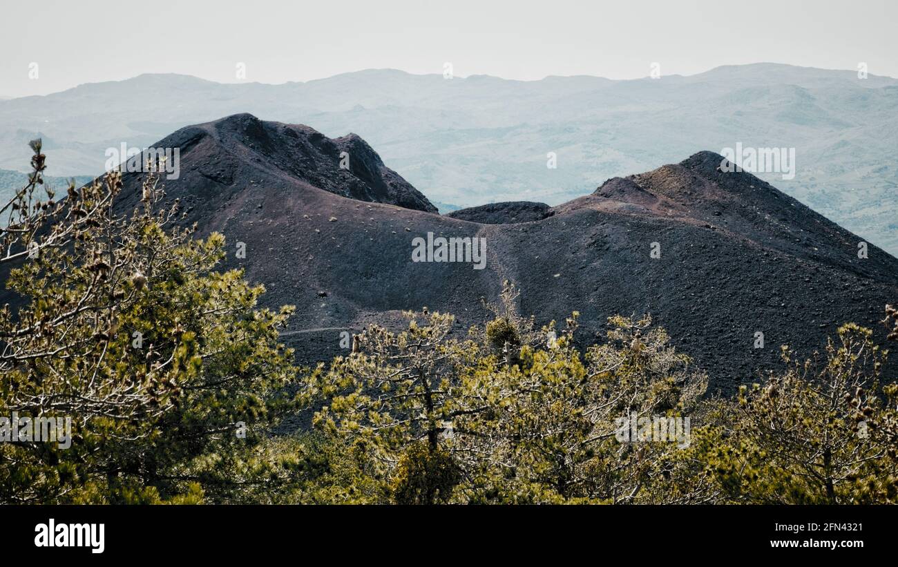 view in Sicily of a volcano crater, lateral eruption of 1974 in the ...