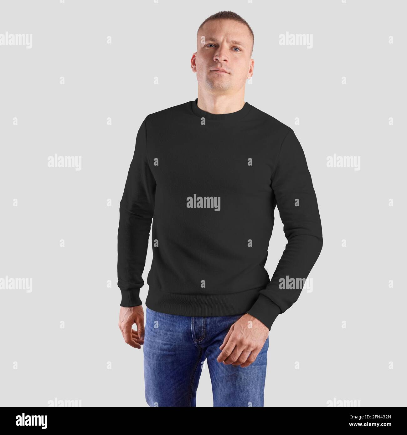 Template of black blank pullover on a man in blue jeans, fashionable ...