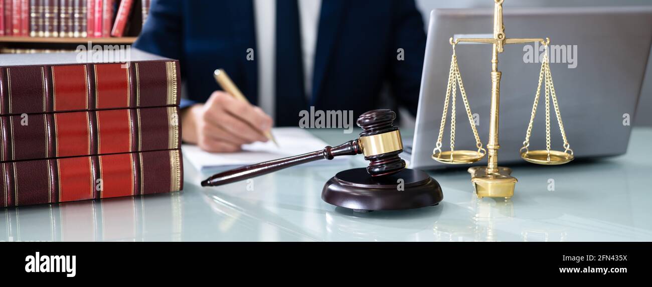 Lawyer Or Judge Criminal Litigation Banner. Law And Justice Stock Photo ...